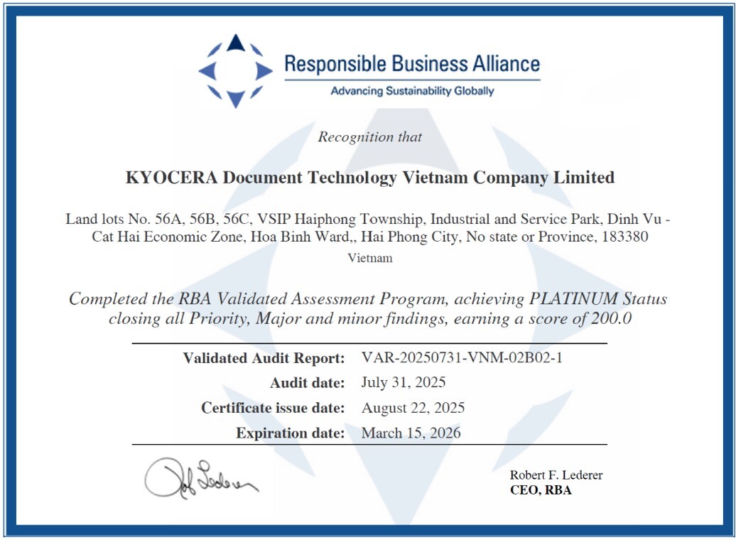 Vietnam Plant achieves Platinum certification in RBA audit